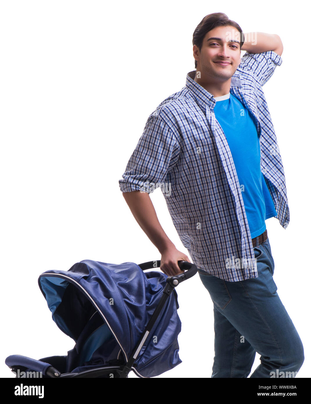 The young dad with child pram isolated on white Stock Photo - Alamy
