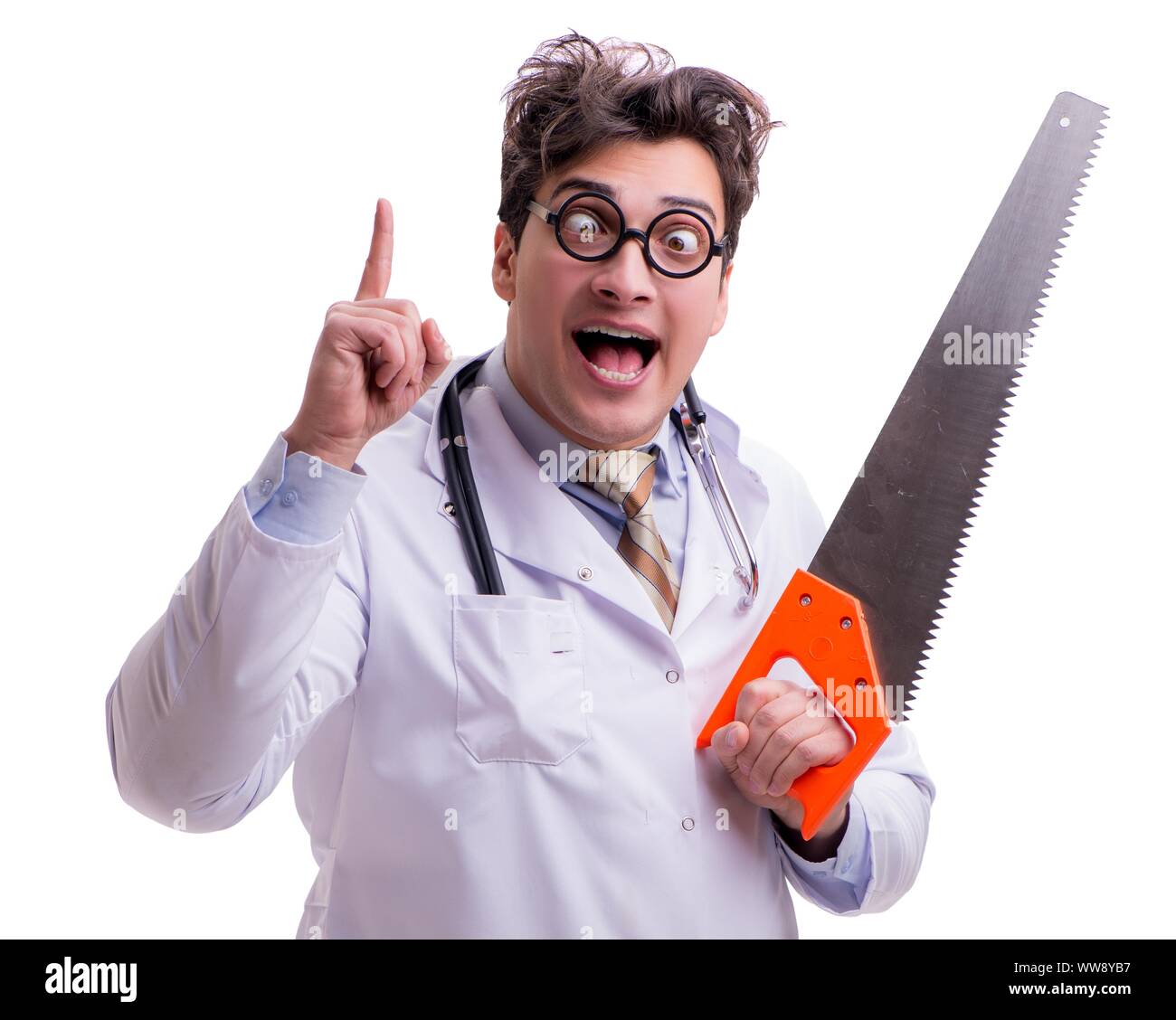 The funny doctor with saw isolated on white Stock Photo - Alamy