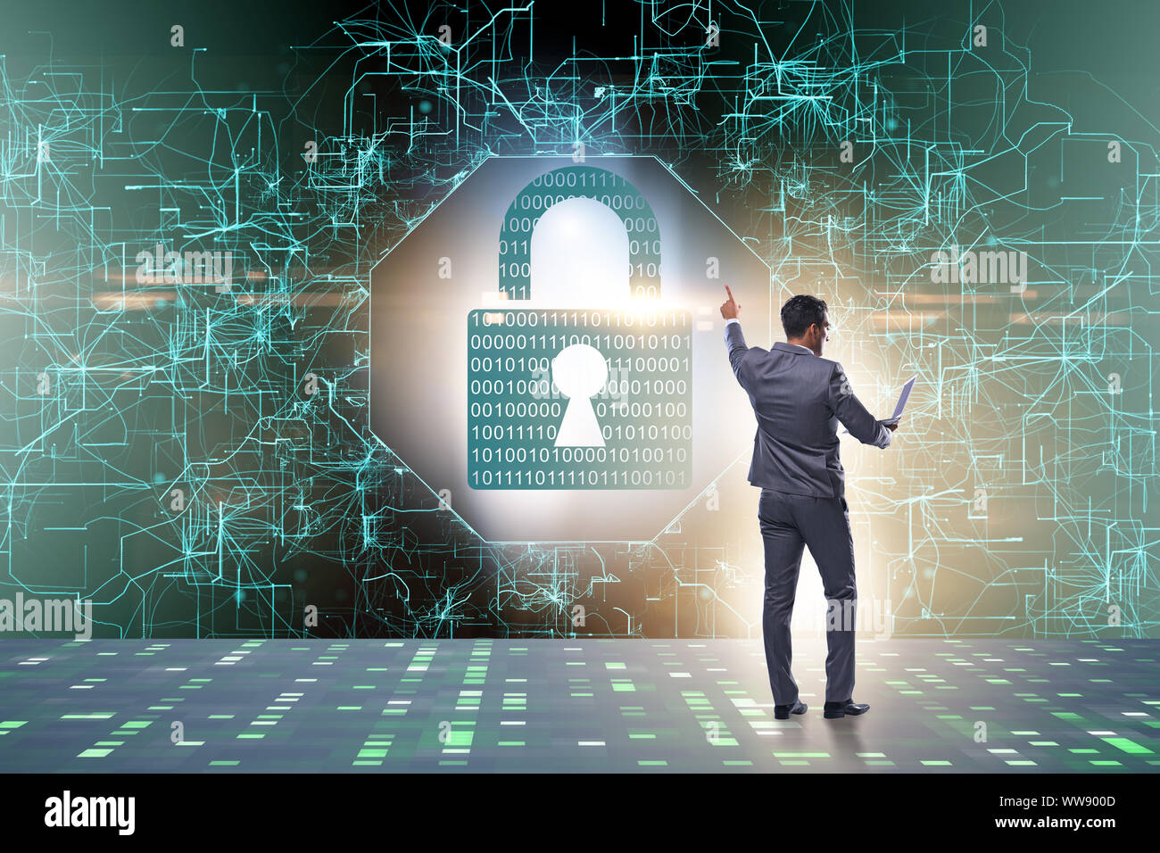 The man in digital security concept pressing button Stock Photo - Alamy