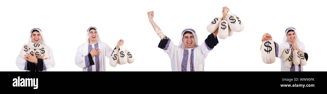 The arab man with money sacks isolated on white Stock Photo - Alamy