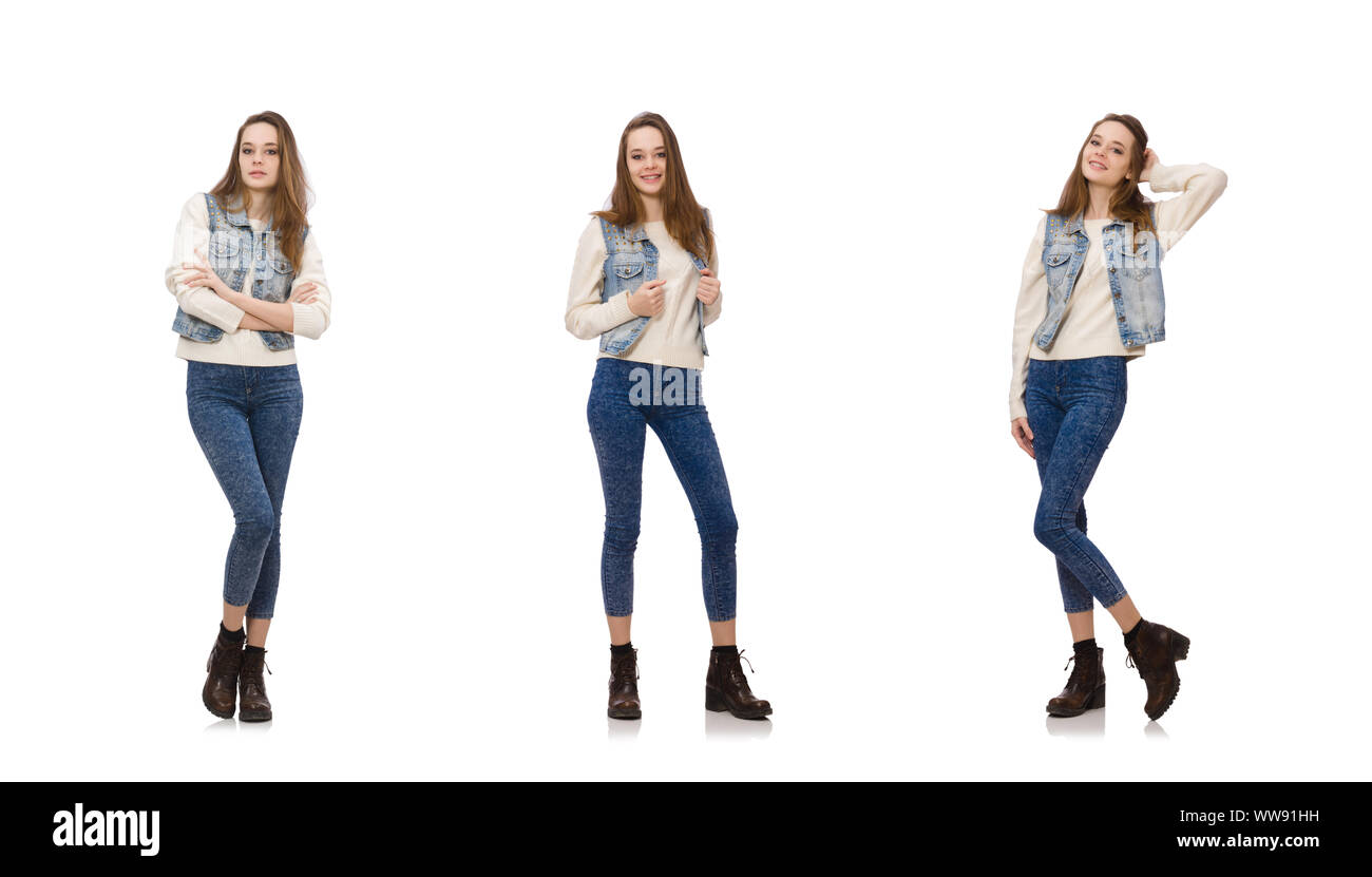 The pretty girl in jeans clothing isolated on white Stock Photo - Alamy