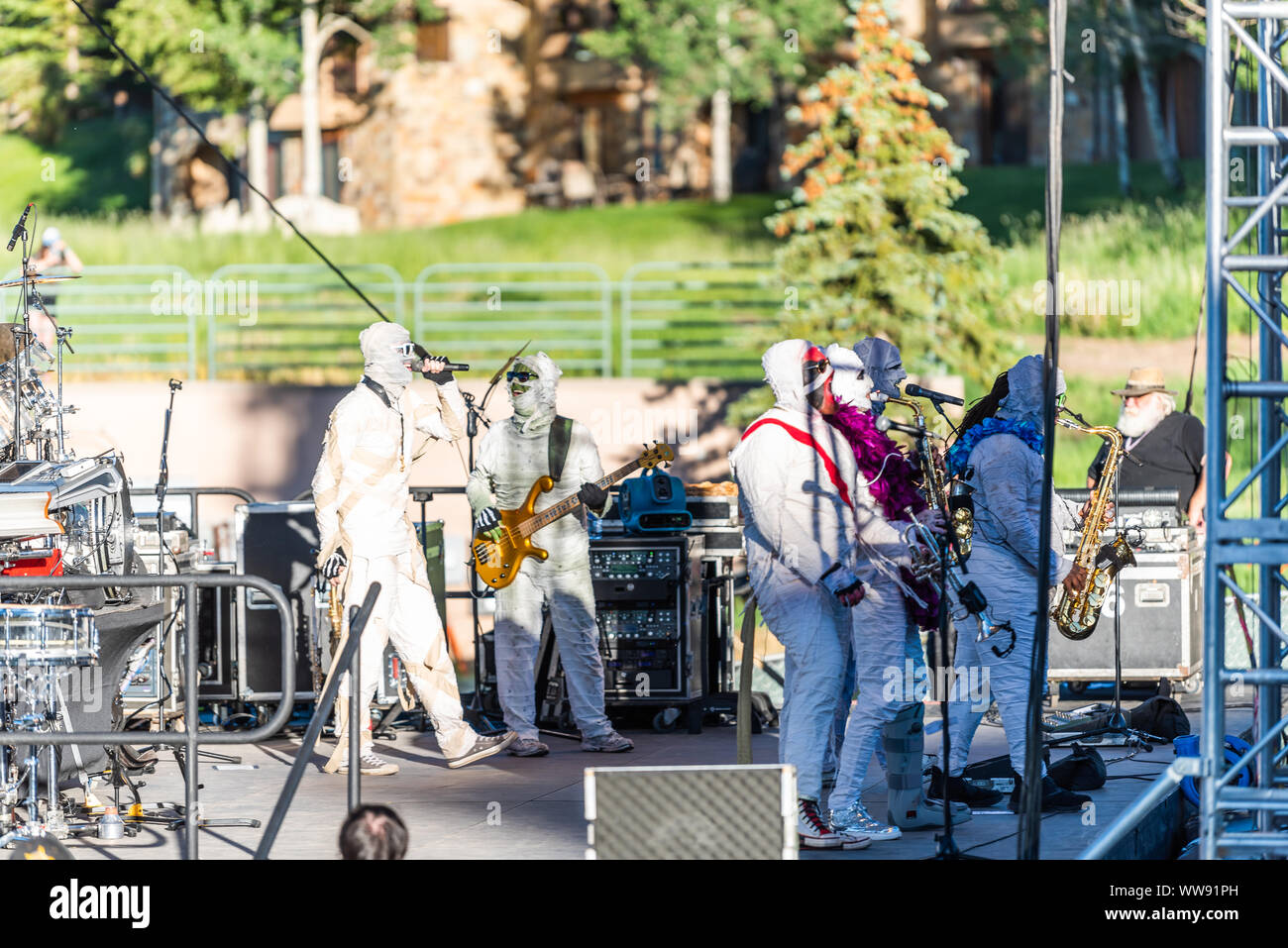 Aspen, USA - July 4, 2019: Snowmass village town and famous Here Come ...