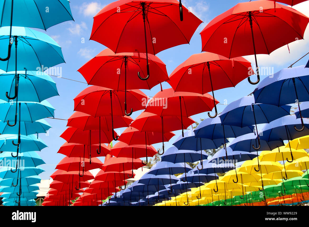 Colorful umbrellas decoration welcoming the summer Stock Photo - Alamy