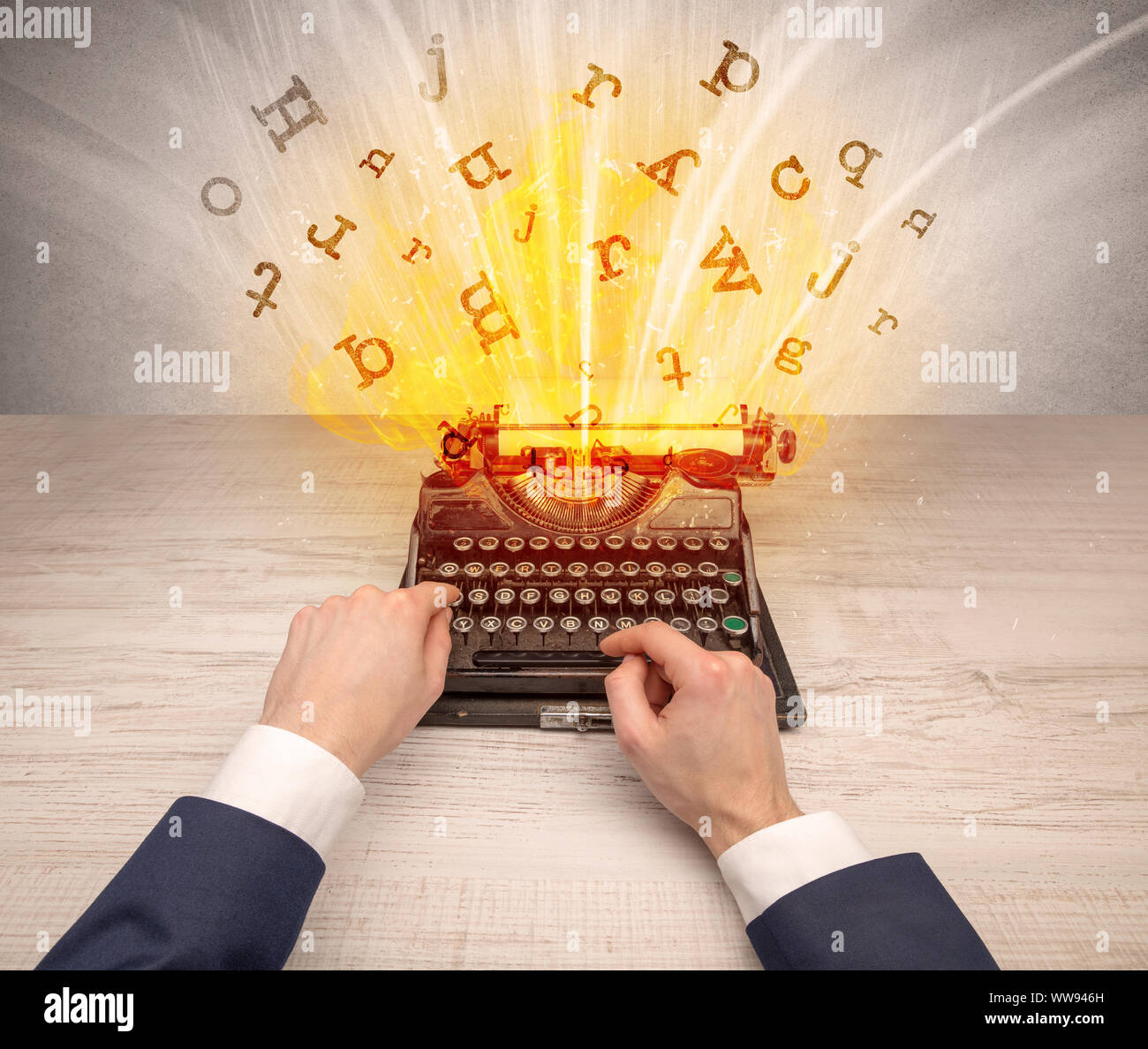 First person perspective image with exploding letters from a vintage ...