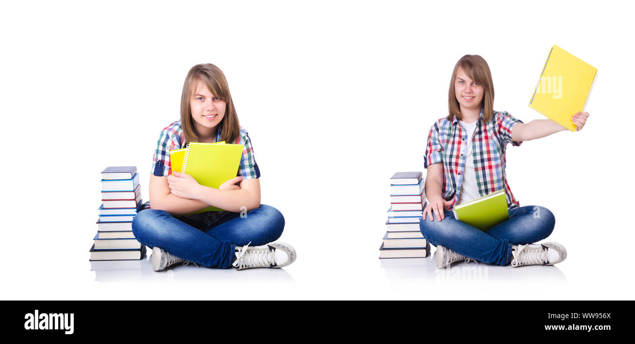 The girl student with books on white Stock Photo - Alamy