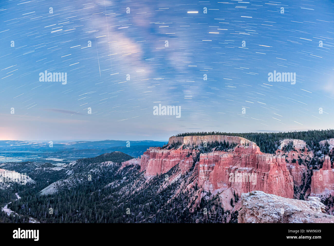 Night sky with star trails motion in Bryce Canyon National Park in Utah ...