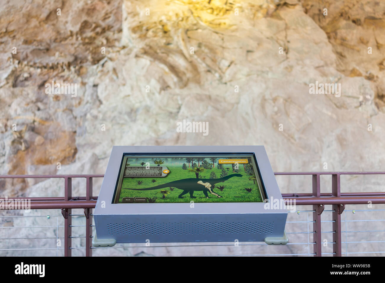 Jensen, USA - July 23, 2019: Information sign in Quarry visitor center ...