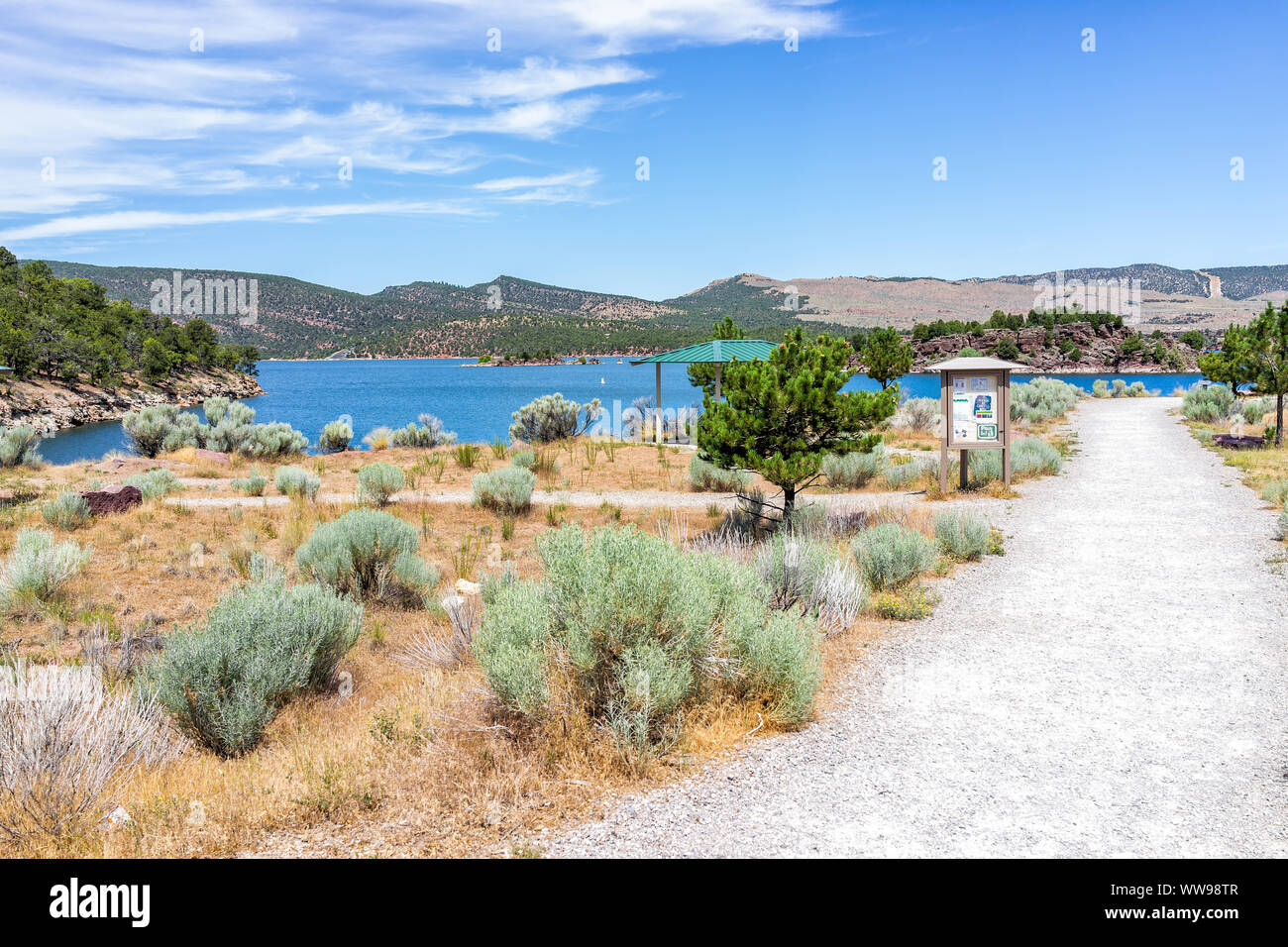 Dutch John, USA - July 23, 2019: Flaming Gorge with lake river with ...