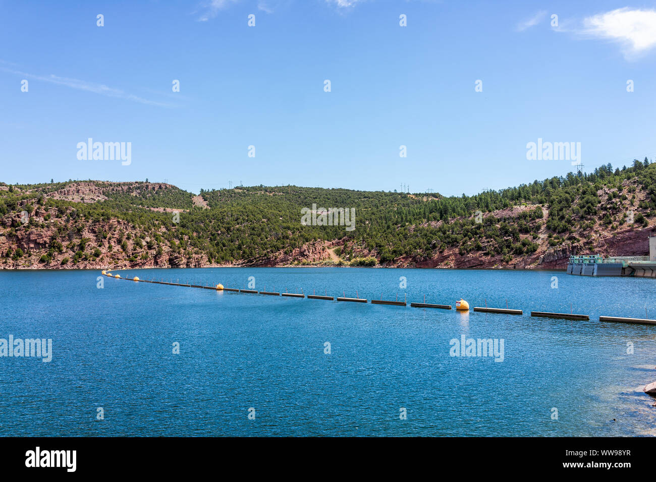 Dutch John, USA - July 23, 2019: Flaming Gorge with lake river with ...