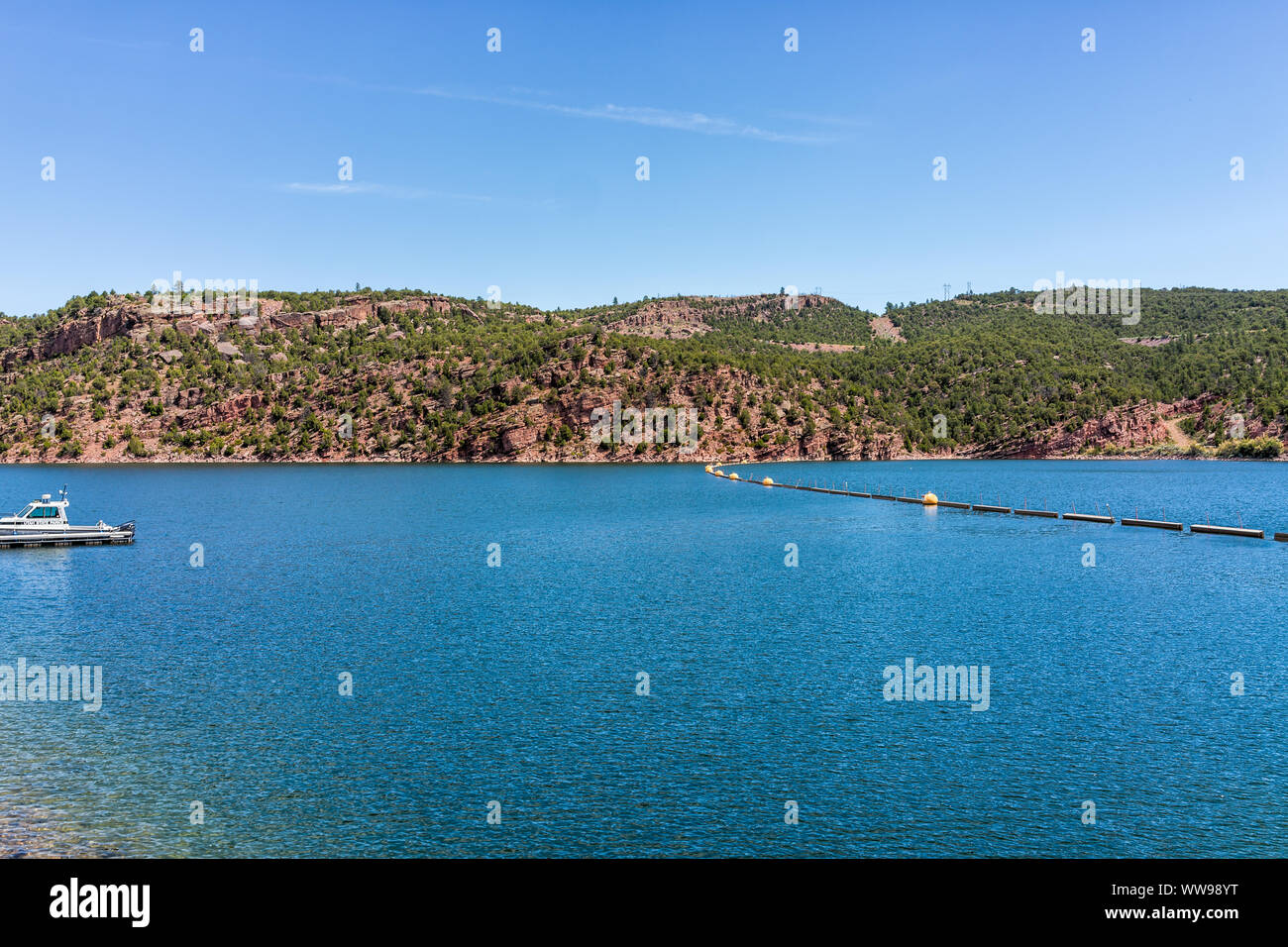 Dutch John, USA - July 23, 2019: Flaming Gorge with lake river with ...