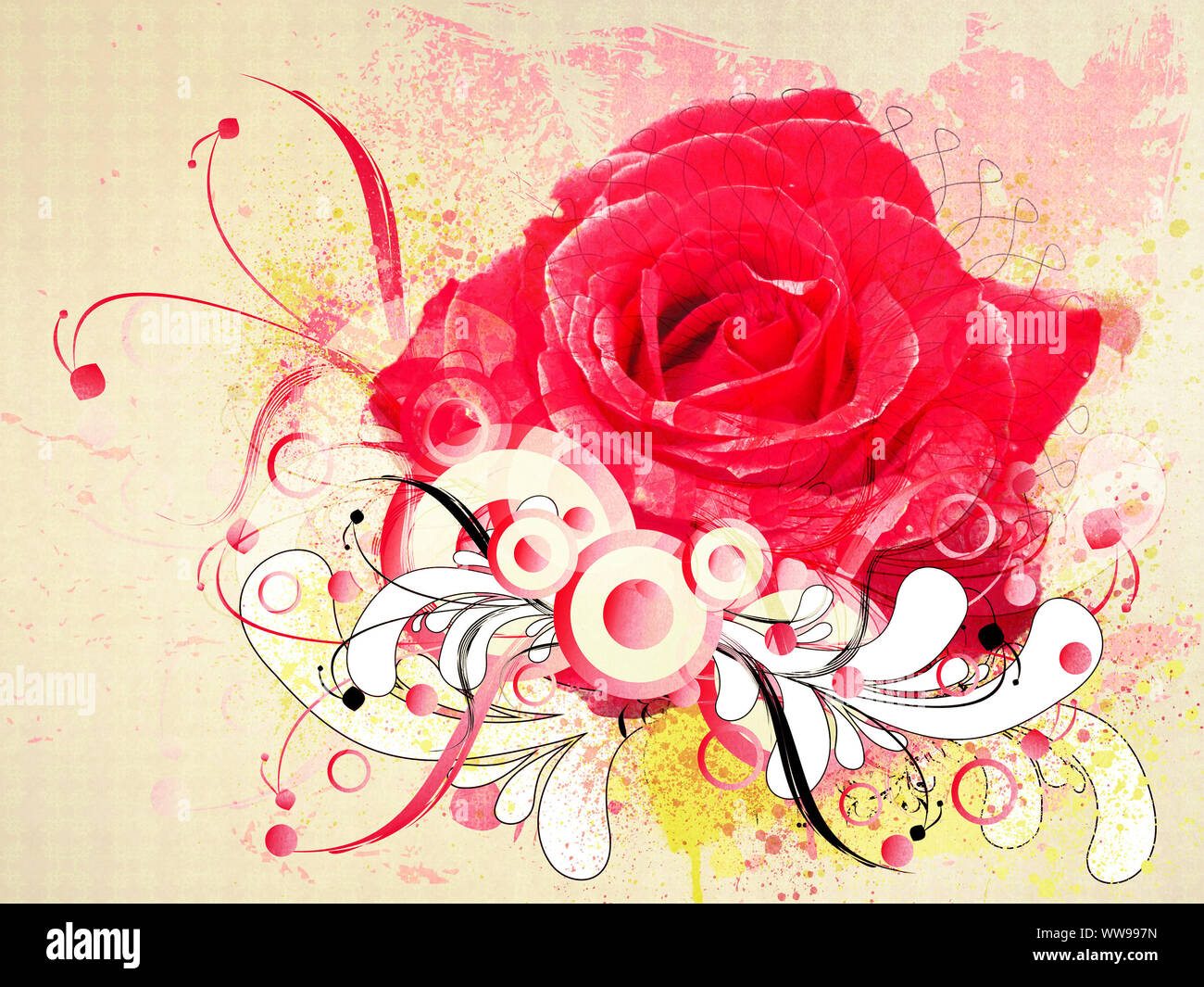 Illustration of big red rose with floral elements background Stock ...