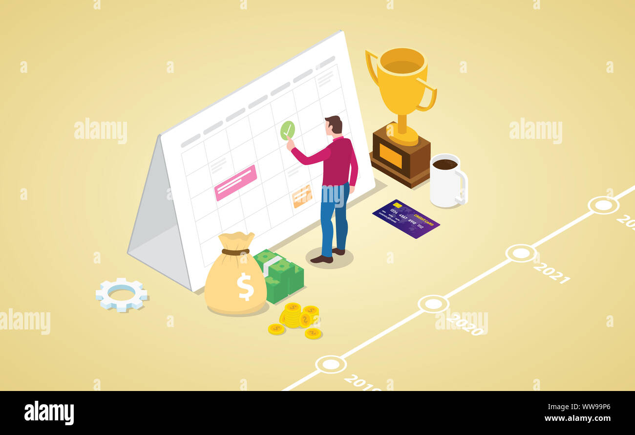 milestone marks concept with men marking on calendar with year on year ...