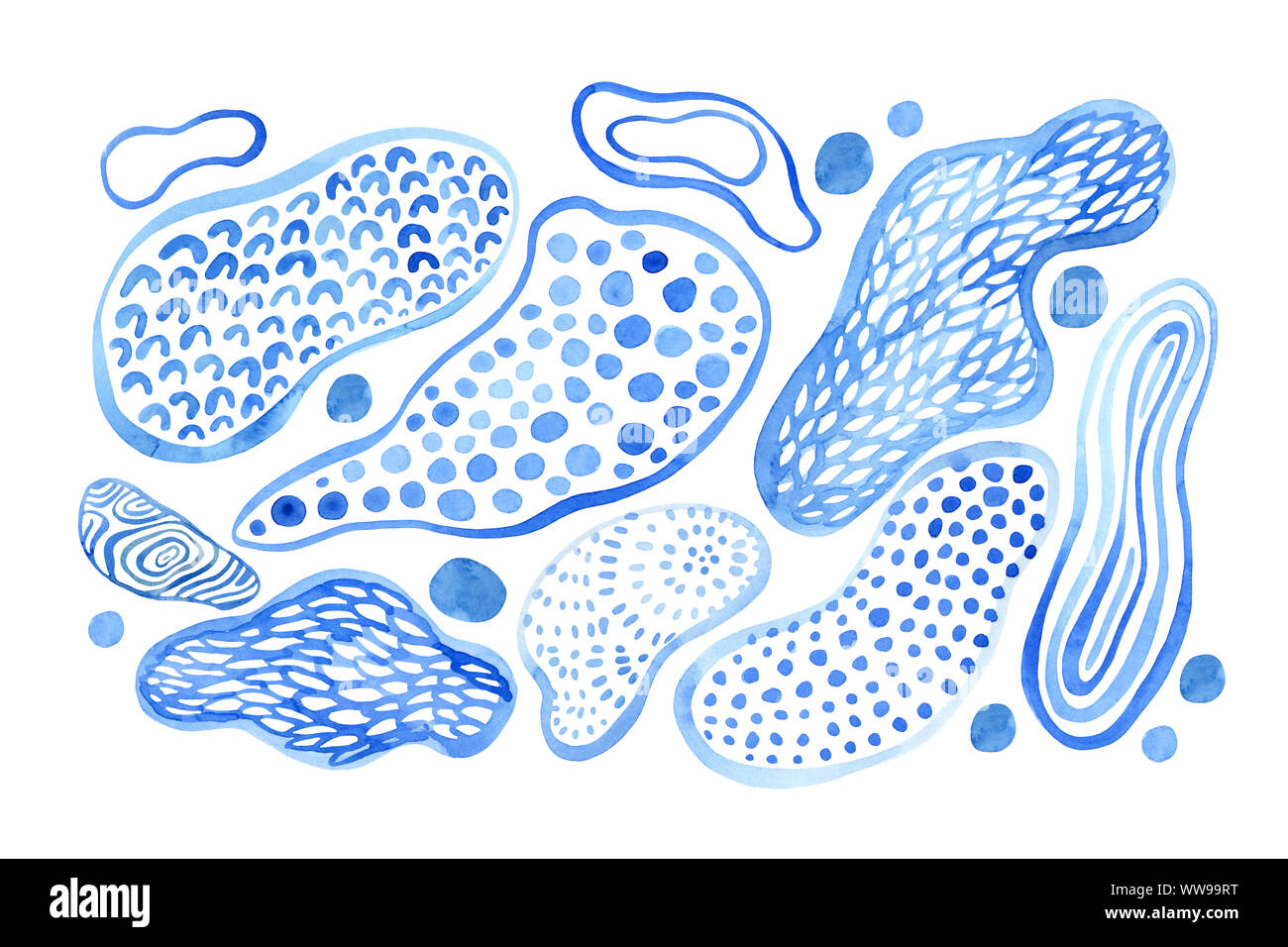 Aqua blue abstract patterns isolated on white background. Watercolor ...