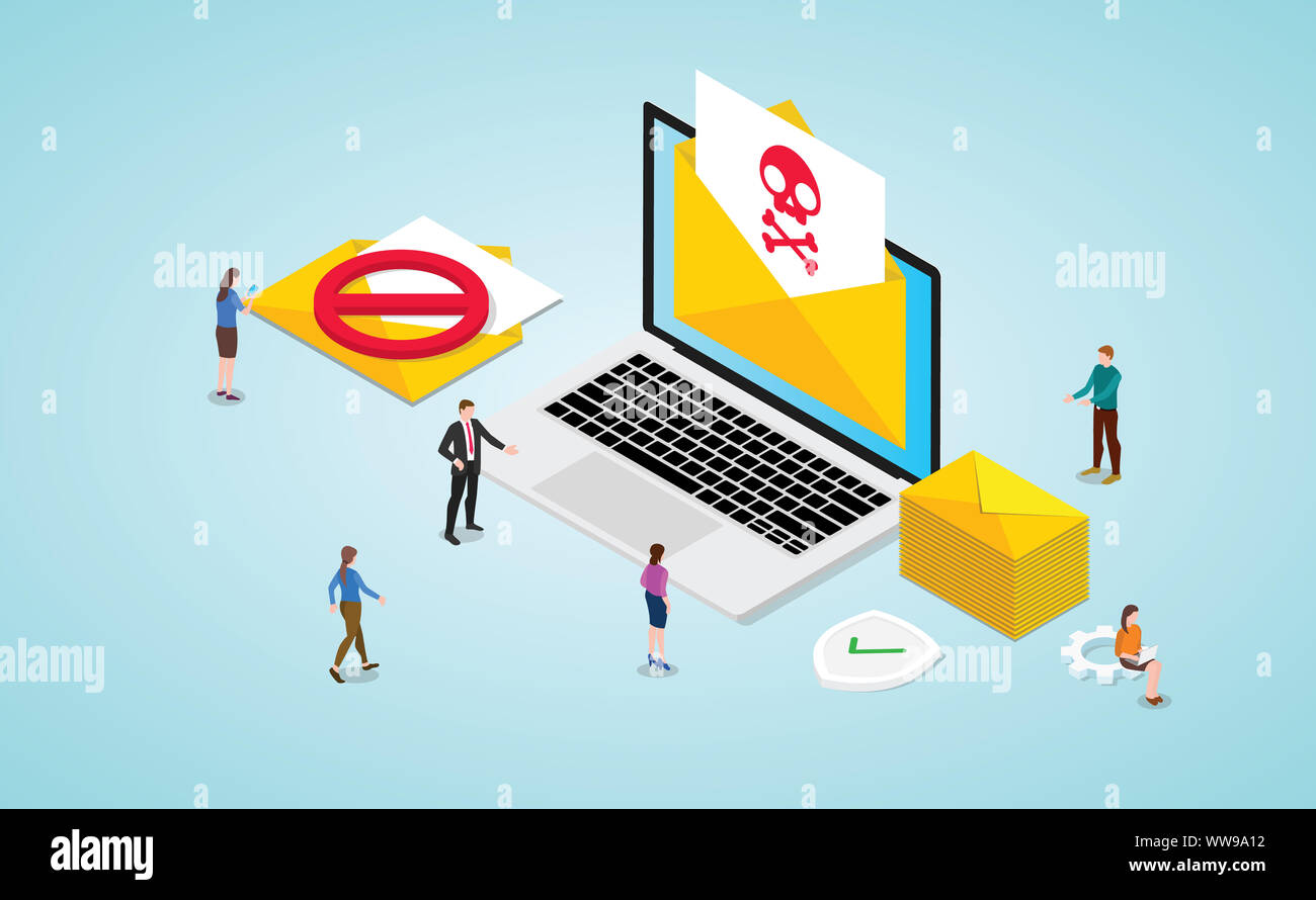 spam concept with newsletter and skull and danger icon symbol on laptop ...