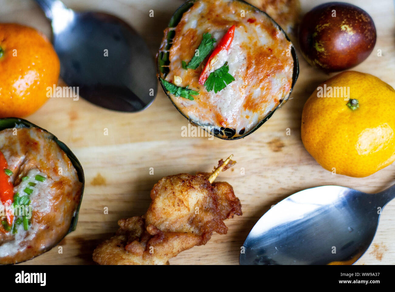 Traditional Thai food called haw moak which is a steamed curried fish ...