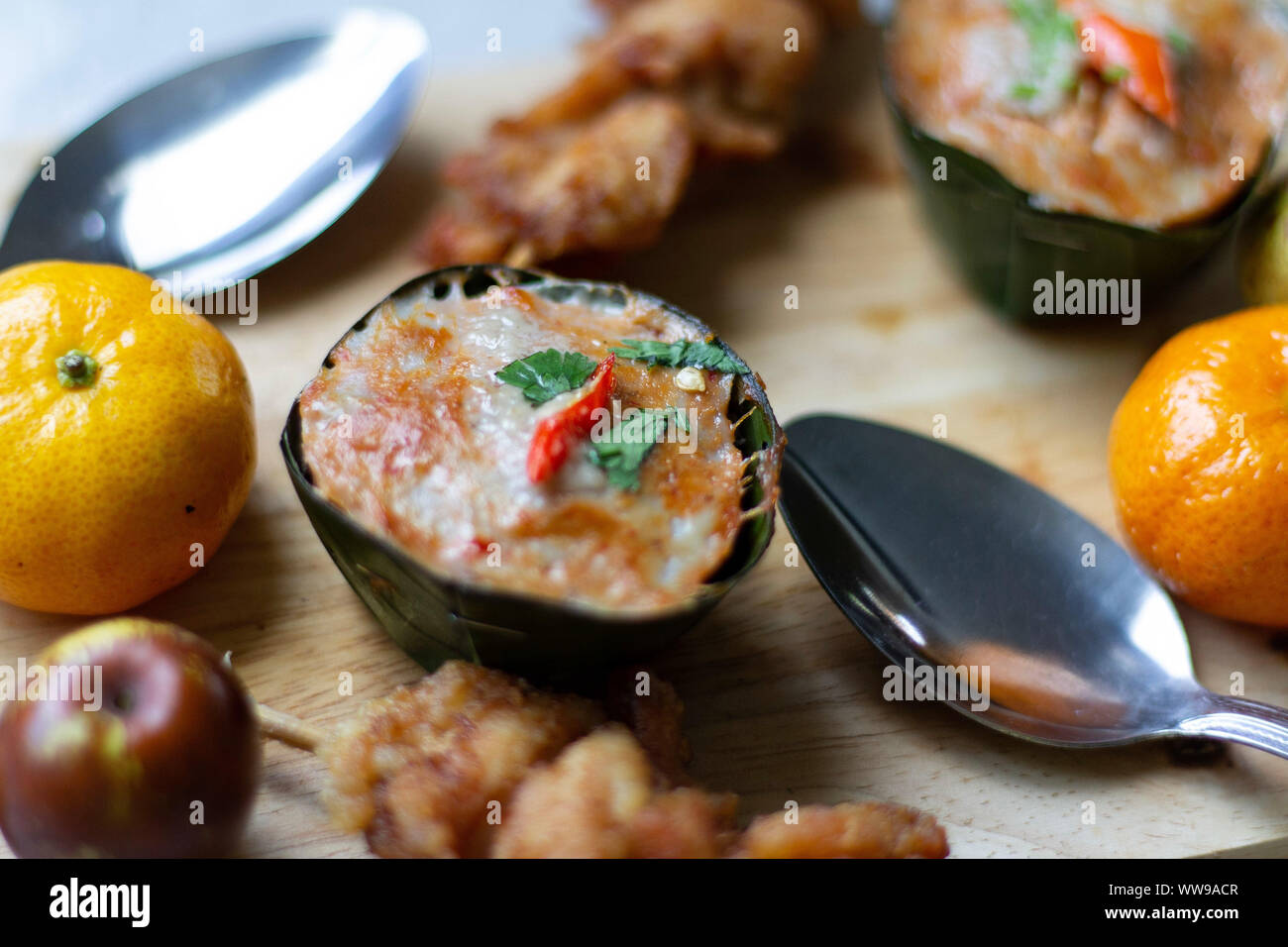Traditional Thai food called haw moak which is a steamed curried fish ...