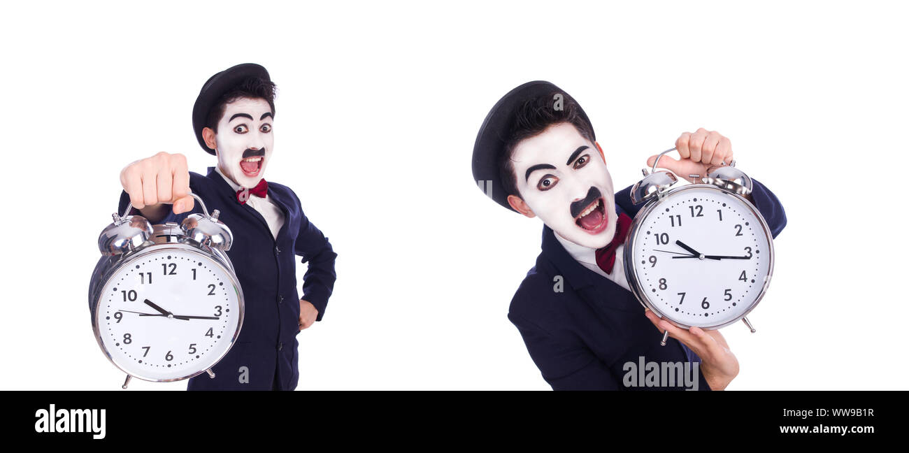 The funny man with clock on white Stock Photo - Alamy