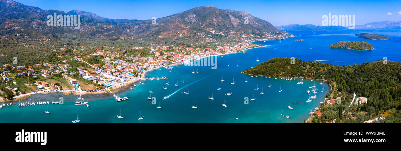 Aerial drone bird's eye view photo of iconic port of Nidri or Nydri ...