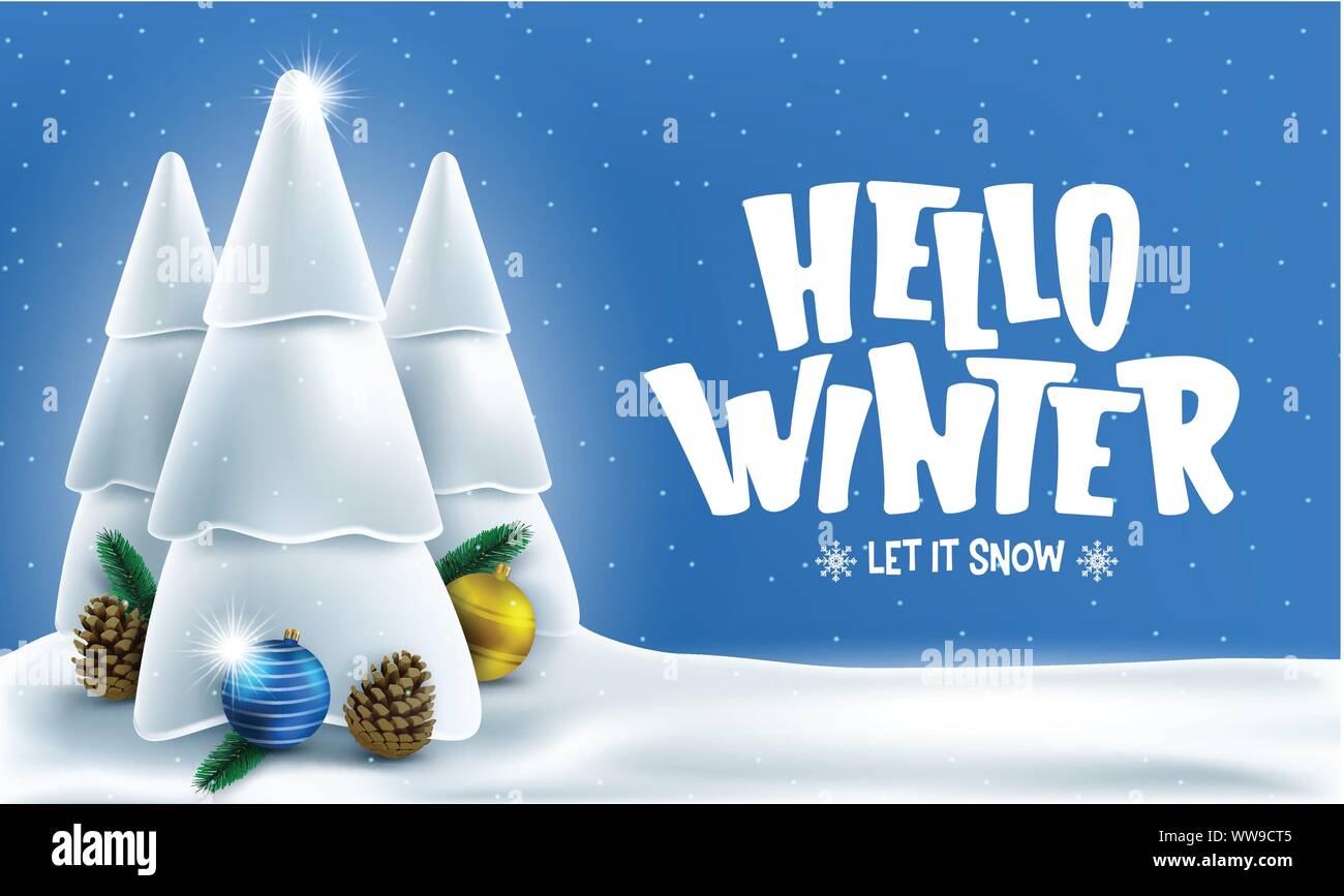 Winter Banner with Hello Winter Greeting Text and Three Snowy Trees in ...