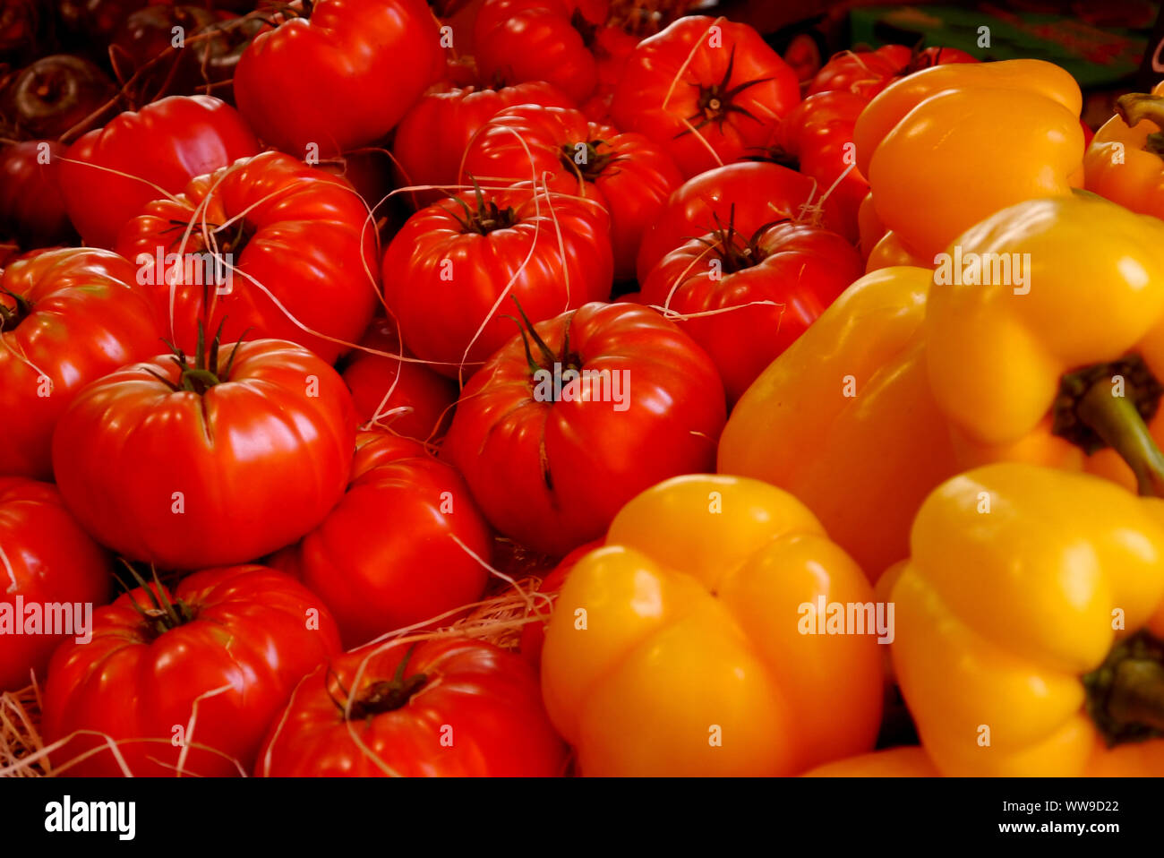 Large Red Beef Tomatoes & Yellow Peppers on Display in Forville Covered ...