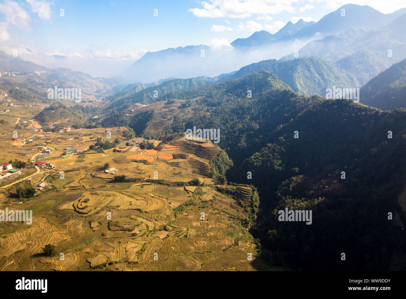Valley land as viewed from above drone or cable car in Sapa Vietnam ...