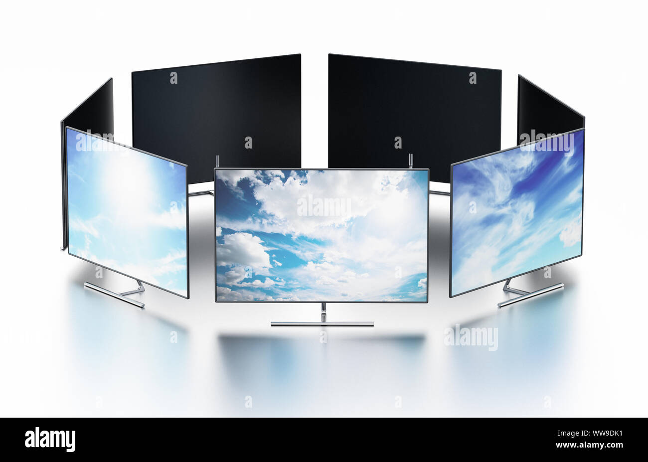 Wall of modern TV screens arranged in circular shape. 3D illustration ...