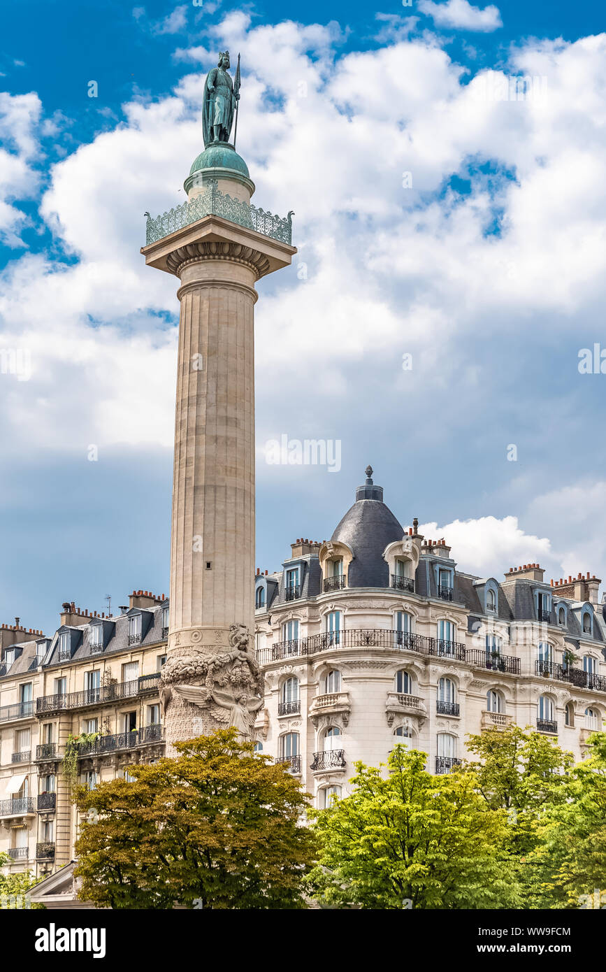 Paris, place de la Nation, typical buildings and the column and statue ...