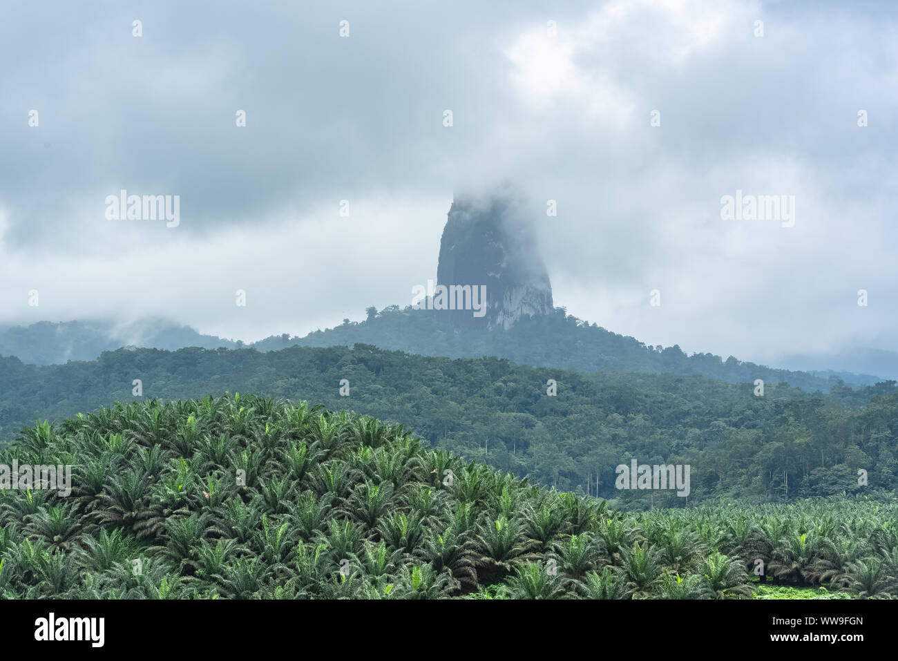 Sao Tome, pico Cao Grande, beautiful sharp mountain in the clouds, with ...