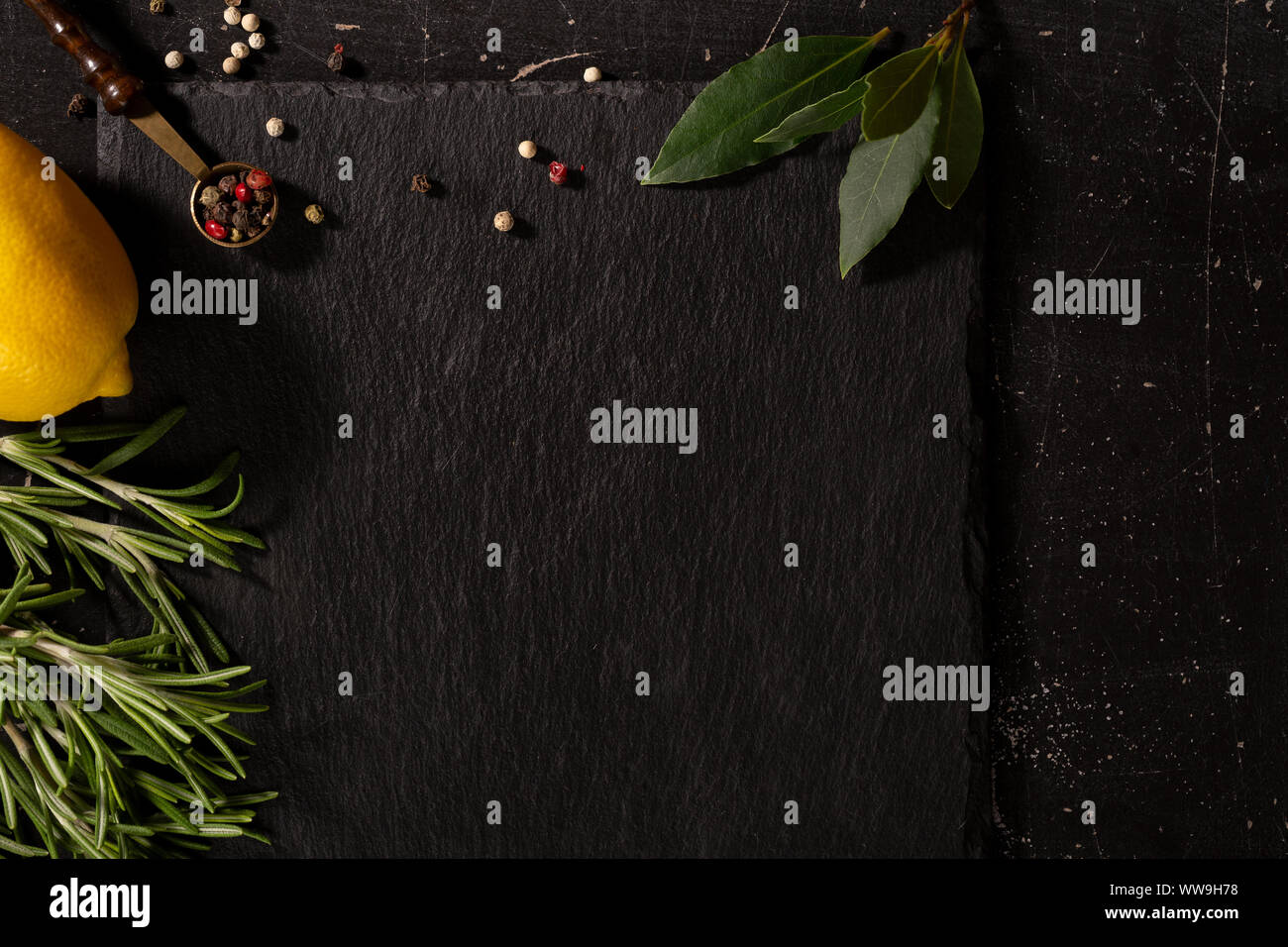 Slate food background with spice and copy space Stock Photo - Alamy