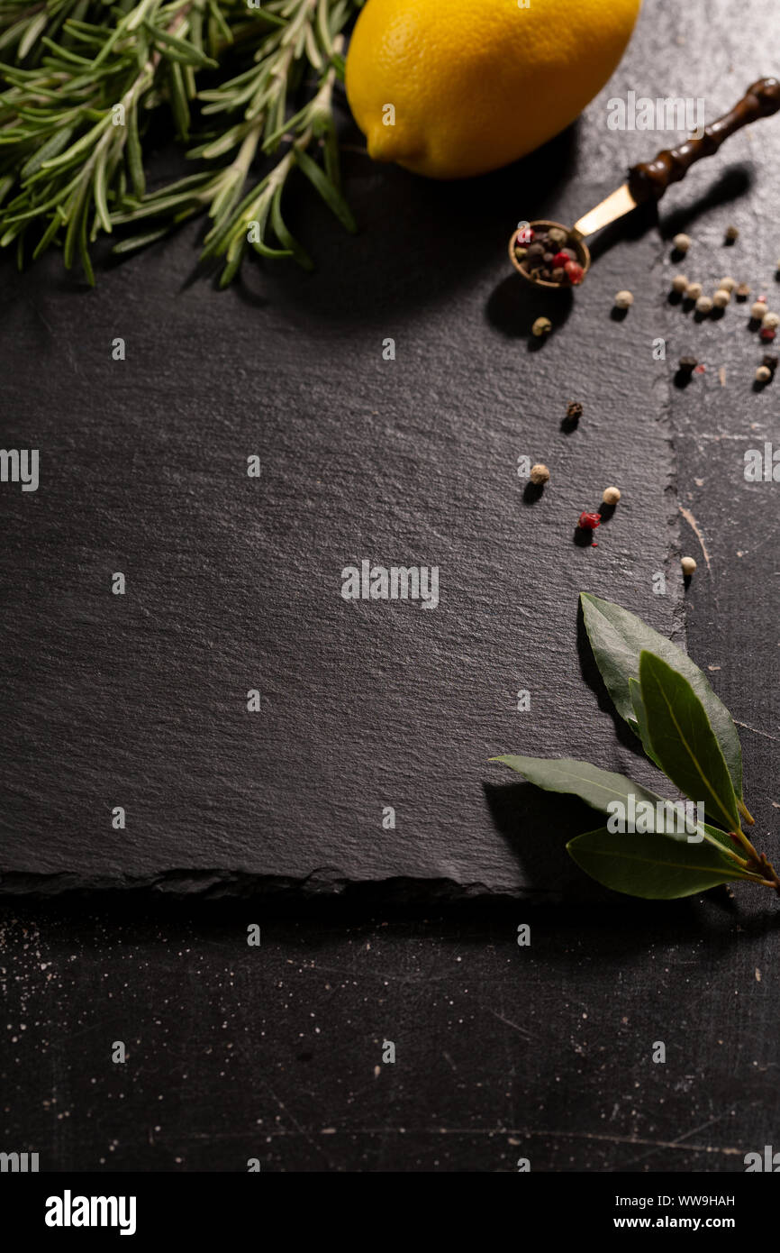 Slate food background with spice and copy space, black wood Stock Photo ...