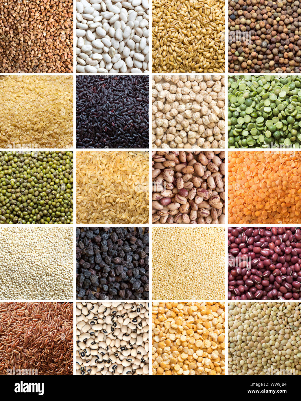 Collage of 20 different legumes and cereals close up Stock Photo - Alamy