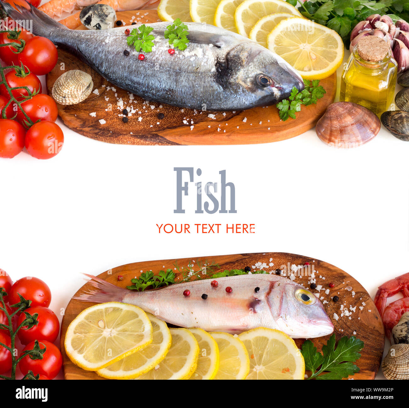 Fresh fish, seafood and vegetables isolated on white Stock Photo - Alamy