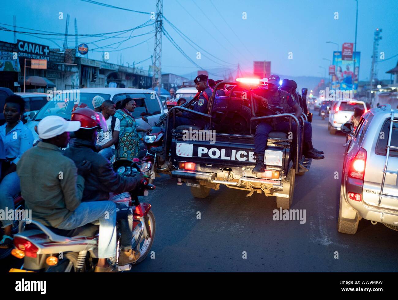 Goma, Congo. 04th Sep, 2019. Heavily armed policemen drive through the ...