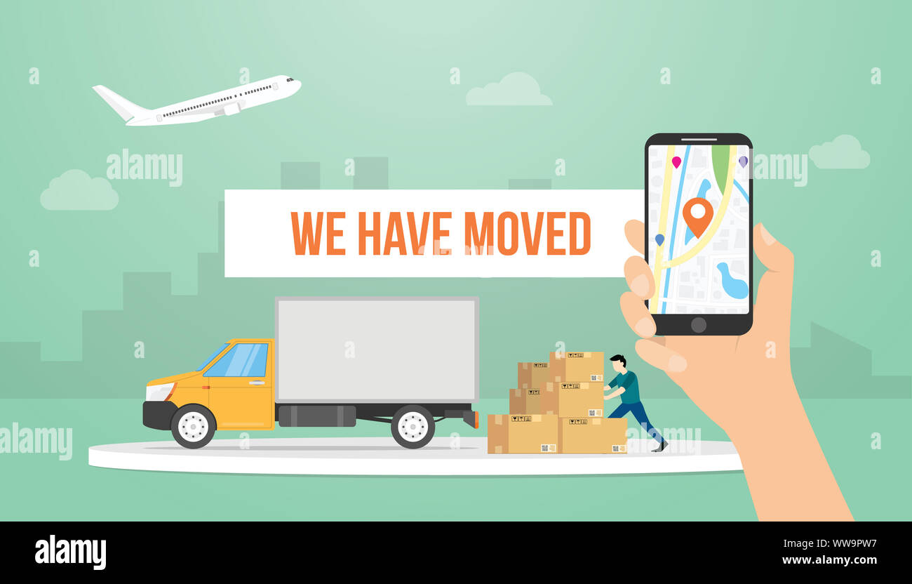 we have moved text banner title with hand holding smartphone and truck ...