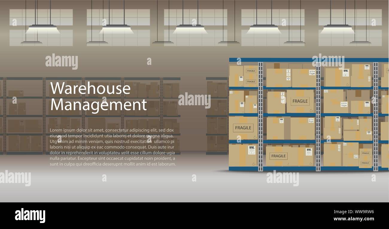 Warehouse management banner with boxes on racks flat design vector ...