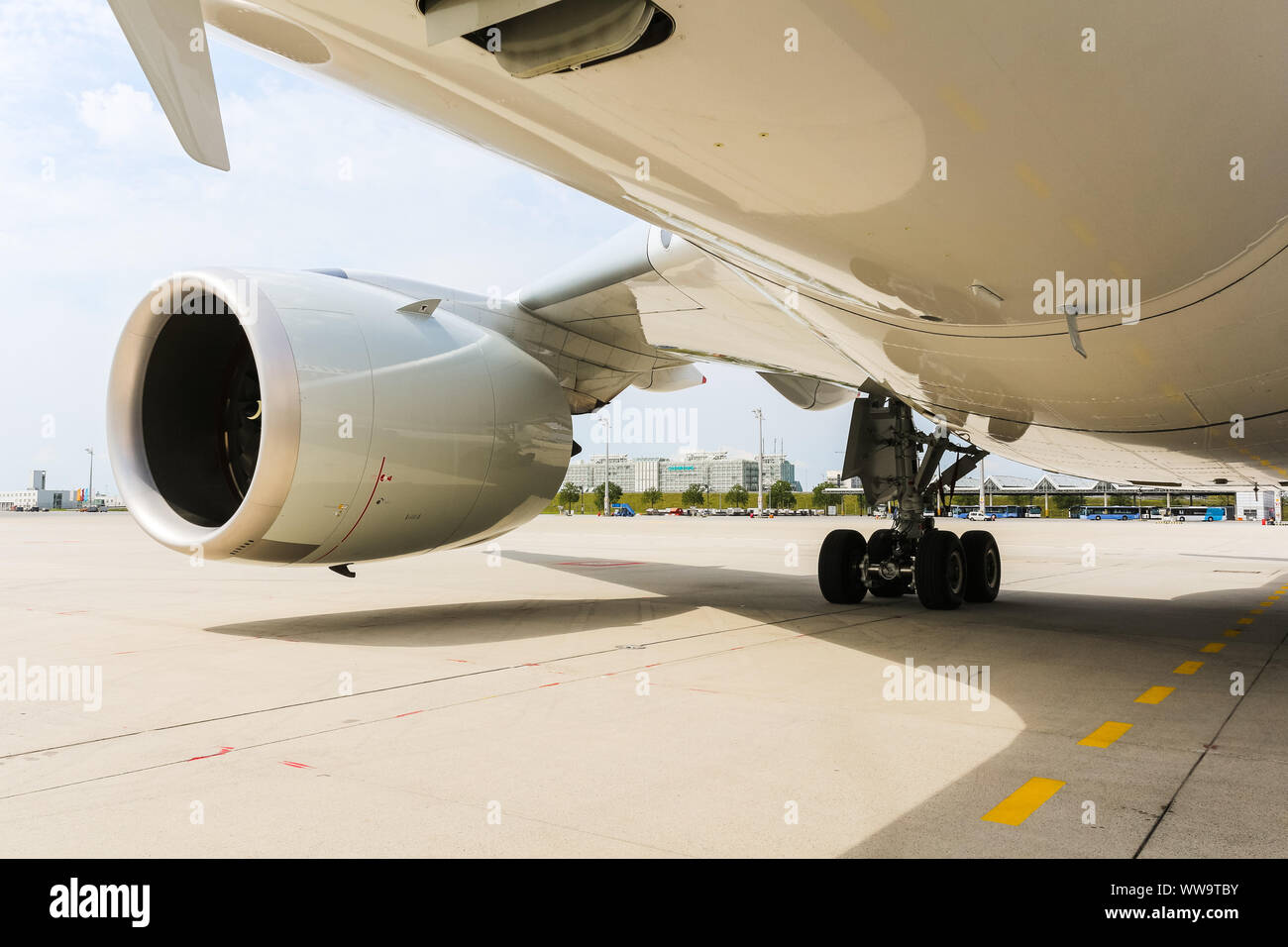A Engine of modern passenger jet airplane. Rotating fan and turbine ...