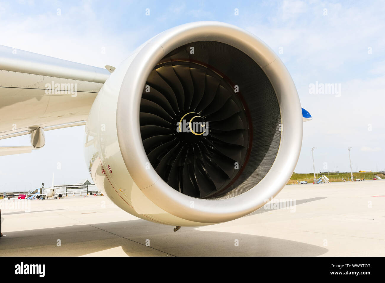 A Engine of modern passenger jet airplane. Rotating fan and turbine ...