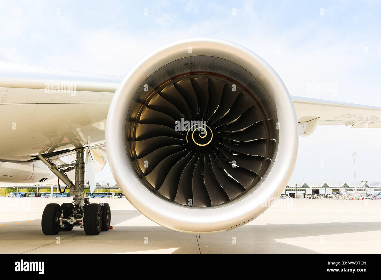 A Engine of modern passenger jet airplane. Rotating fan and turbine ...
