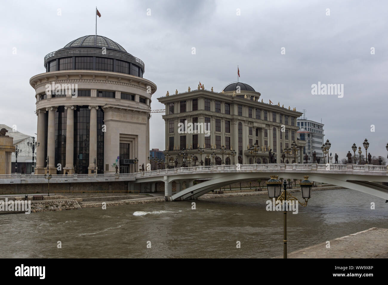 SKOPJE, NORTH MACEDONIA - FEBRUARY 24, 2018: Vardar River passing ...