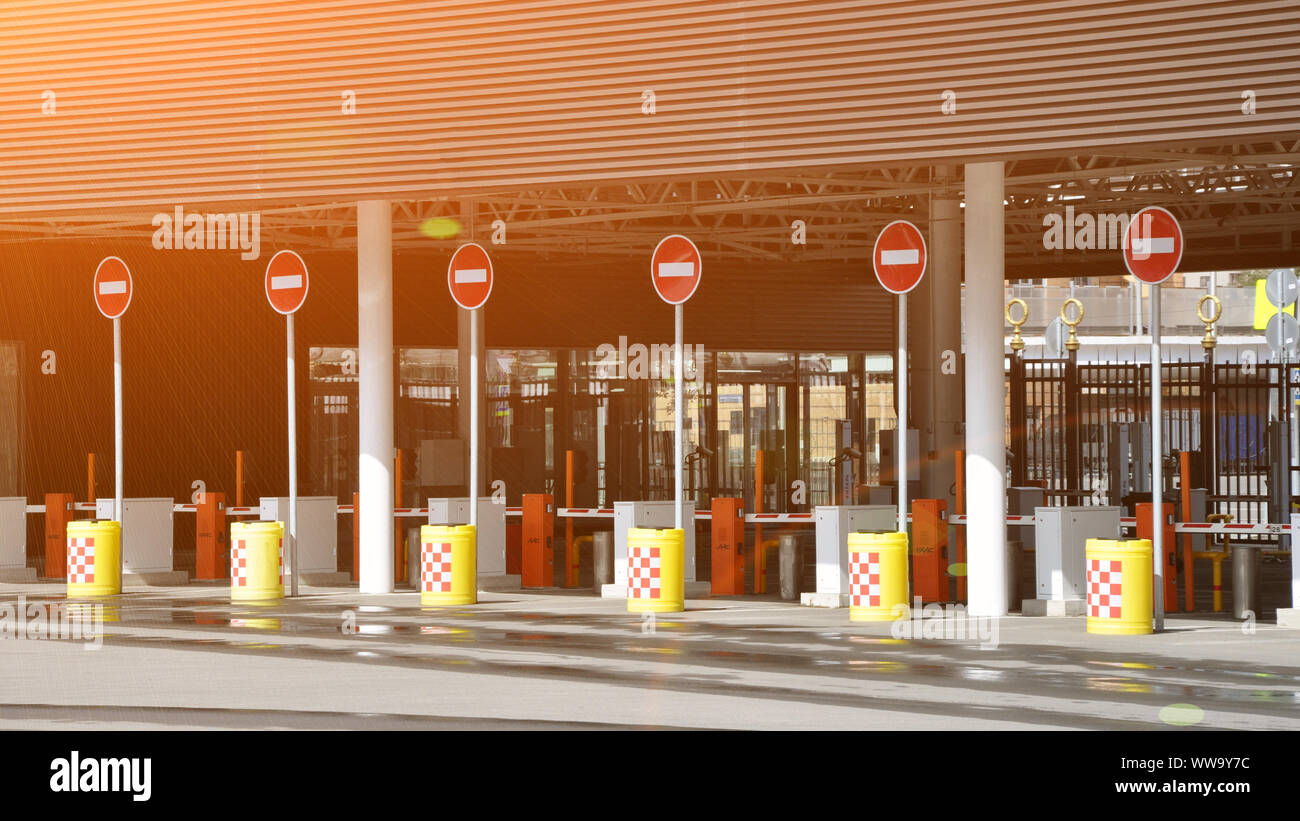 Checkpoint and parking payment in the area of a large football stadium ...