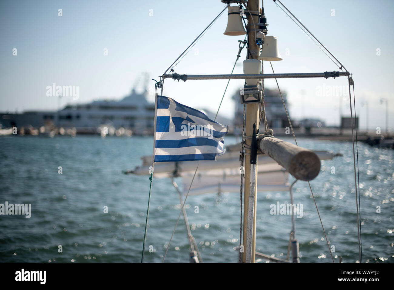 Naxo, Greece - June 26, 2018: A Greek flag waves in the wind aboard a ...