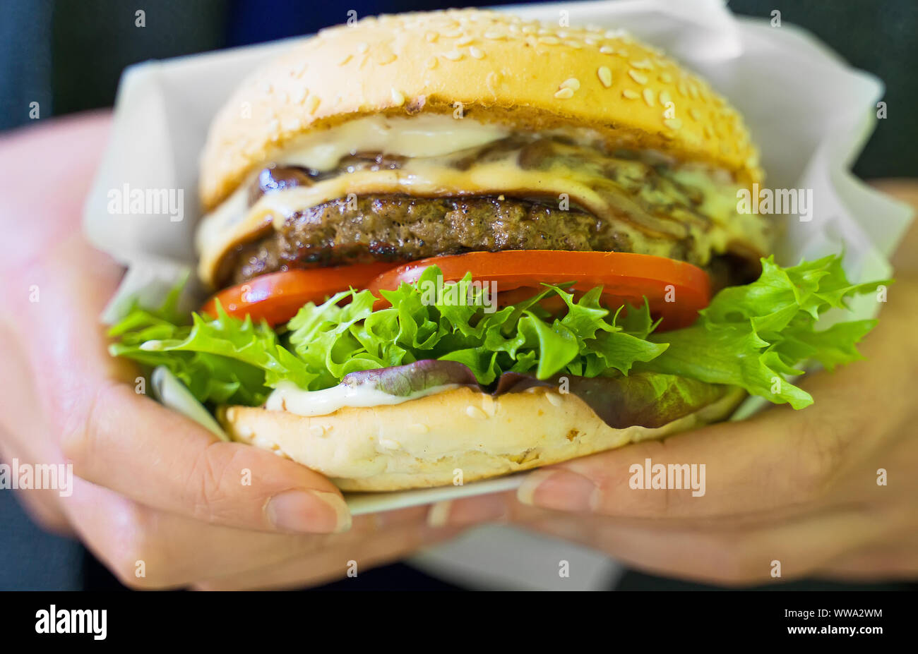 Fast food. Woman holding freshly cooked burger Stock Photo - Alamy