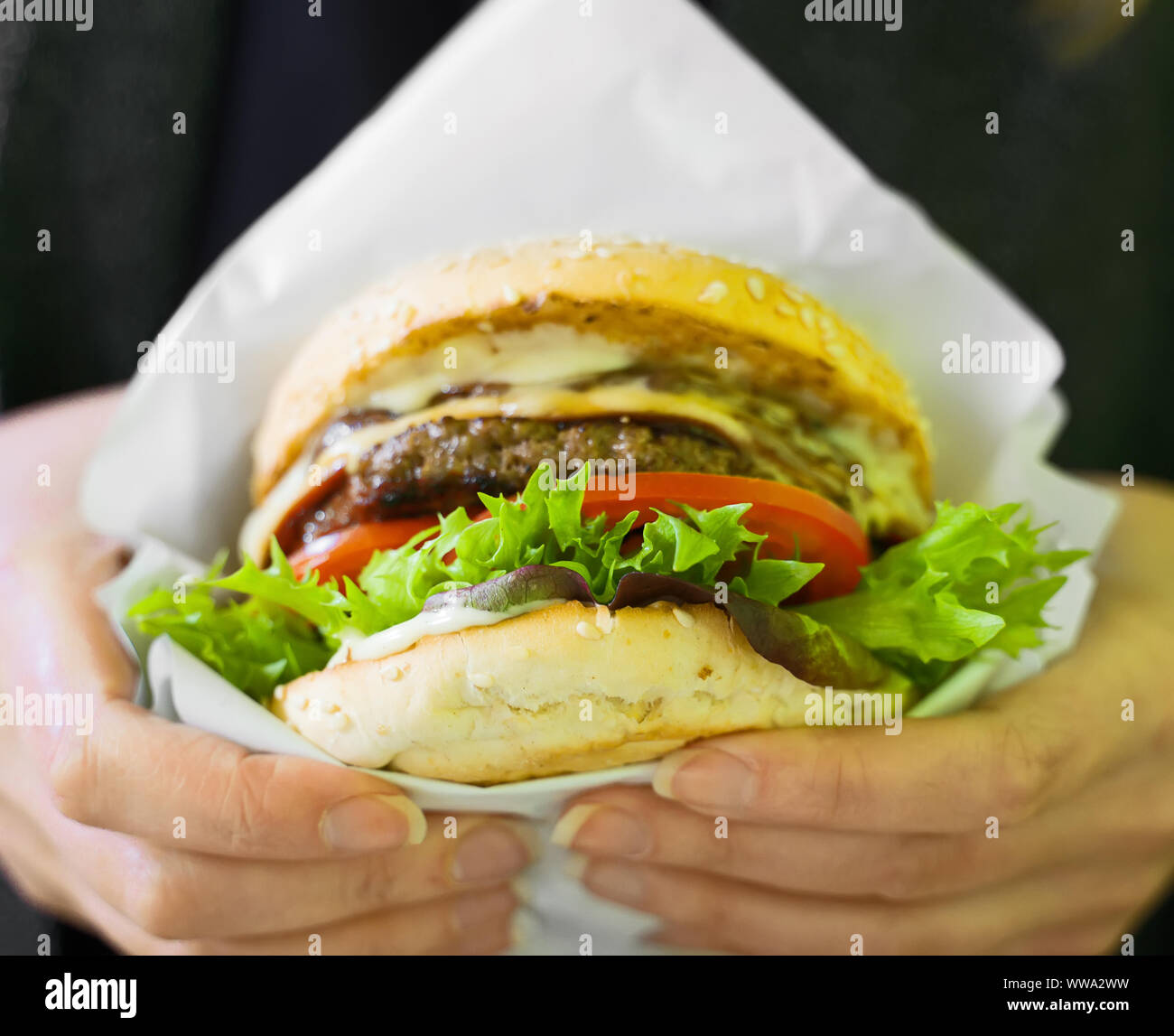 Fast food. Woman holding freshly cooked burger Stock Photo - Alamy