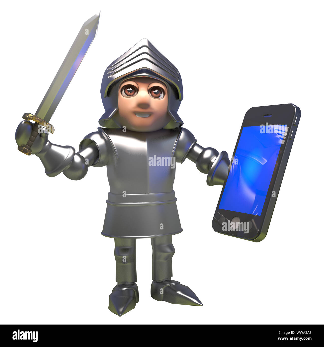 3d knight in shining armour holding a smartphone and waving his sword ...