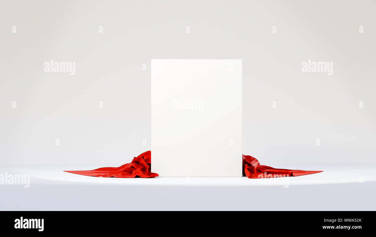 Box covered with red cloth. 3D rendering studio. White background Stock ...