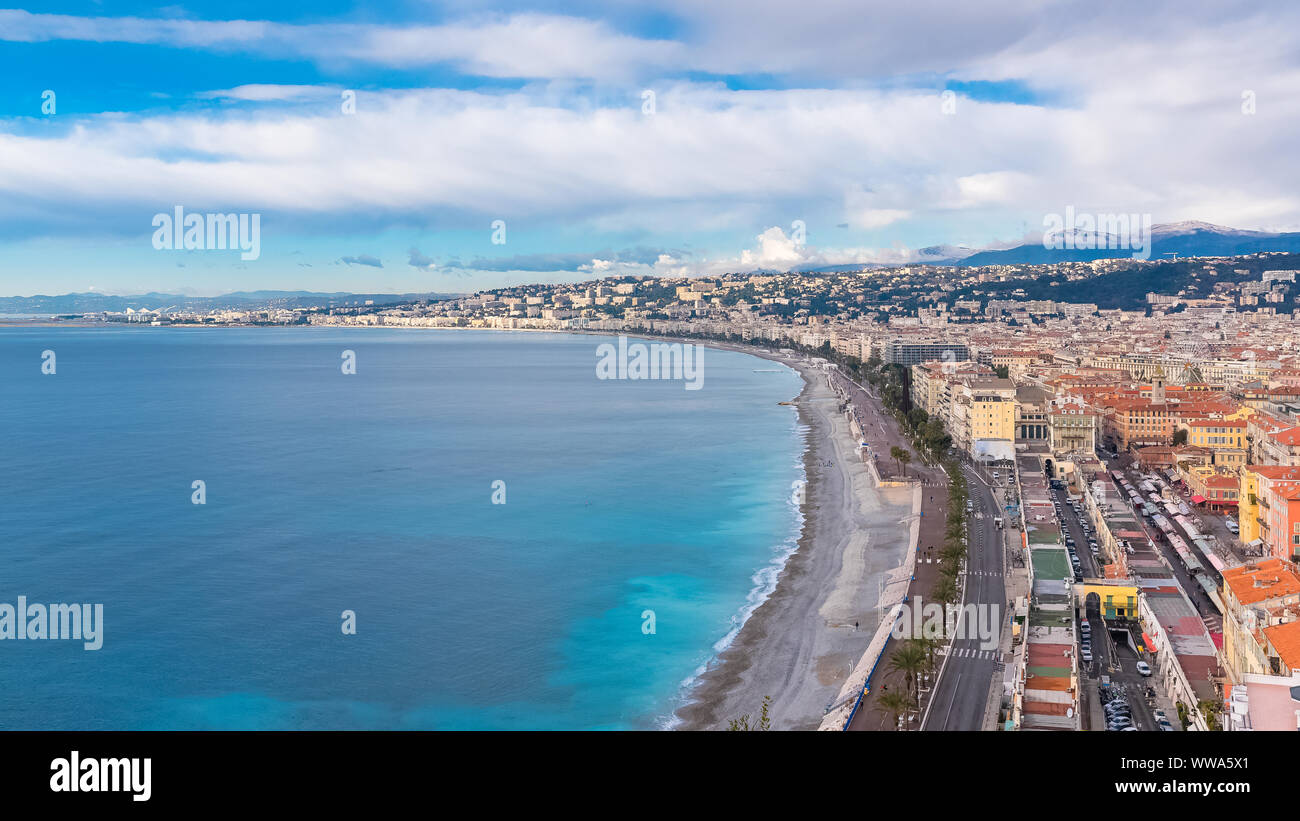 The town of Nice, aerial view of the bay, on the French Riviera, with ...