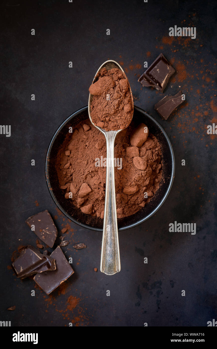 Cocoa powder in a spoon with chocolate chunks at the dark background ...