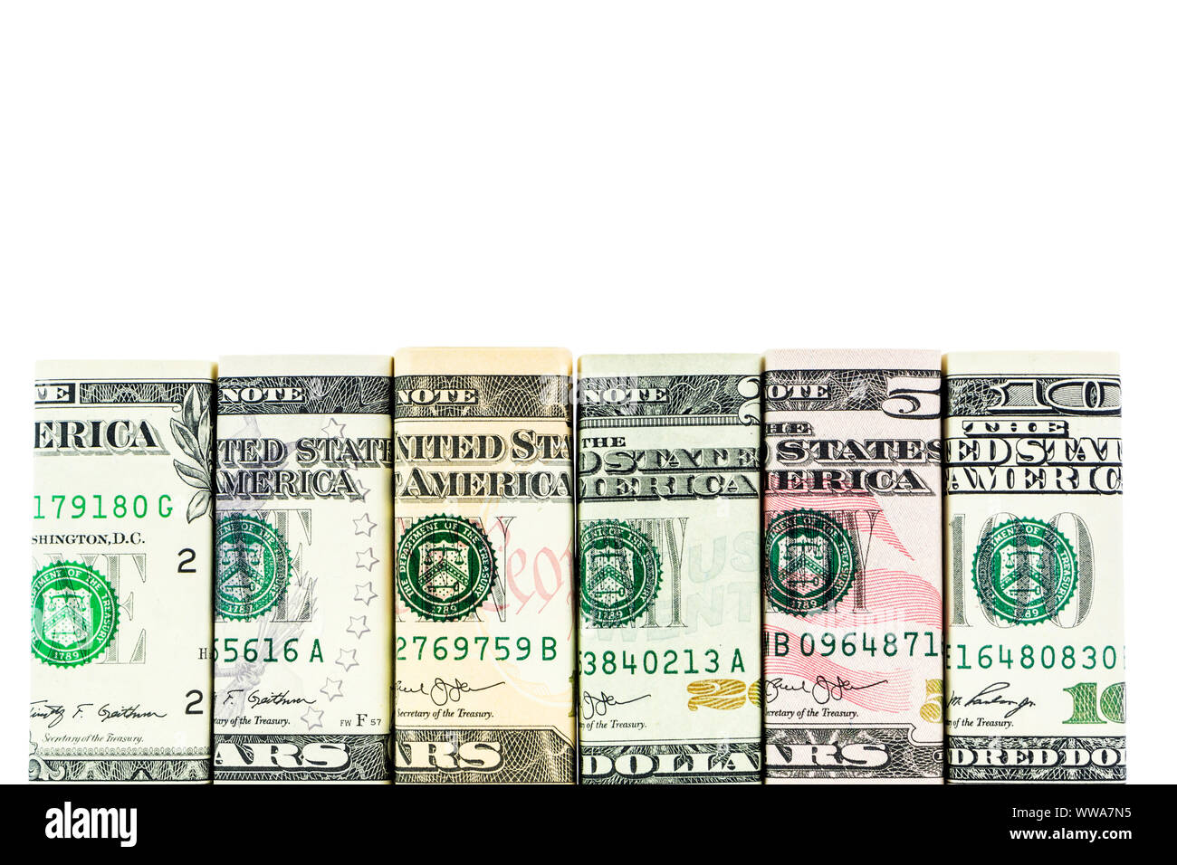 american dollar banknote blocks in all denominations in one row on ...