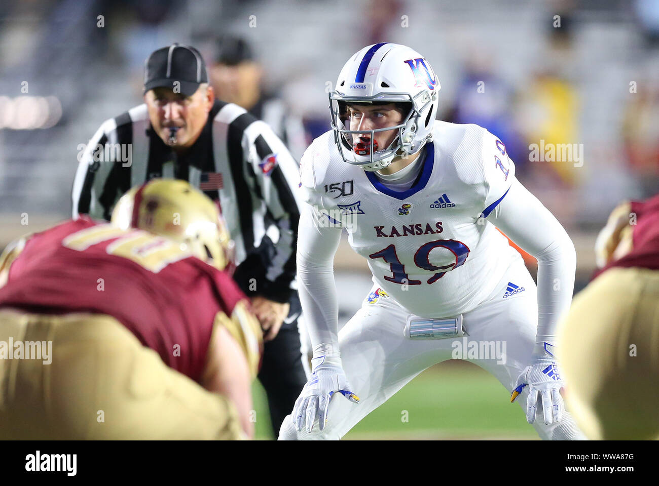 Alumni Stadium. 13th Sep, 2019. MA, USA; Kansas Jayhawks linebacker ...