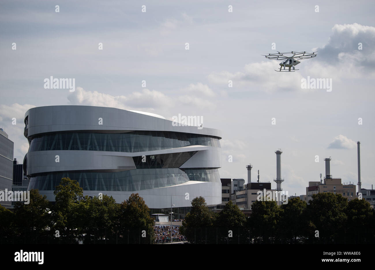 Stuttgart, Germany. 14th Sep, 2019. A so-called Volocopter flies next ...